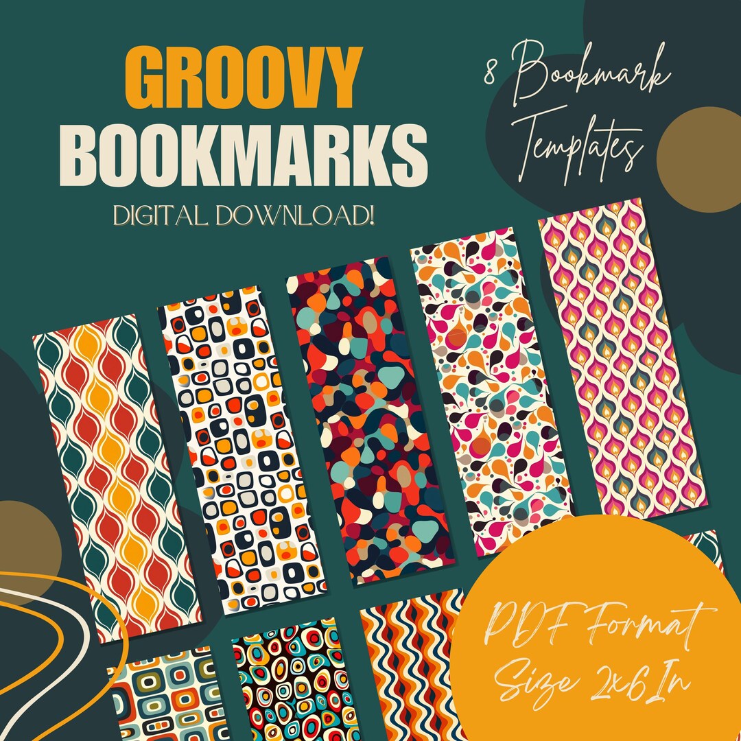 Printable Groovy Retro Bookmarks Template, Printable Bookmarks Set of 8 ...
