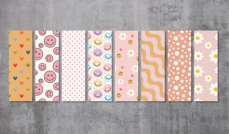 Printable Retro Smiley Bookmarks Template, Printable Bookmarks Set of 8 ...