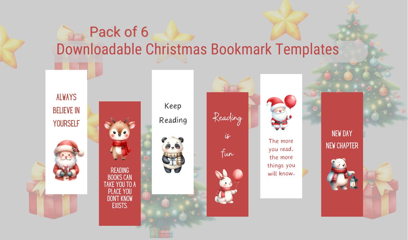 Printable Christmas Bookmarks Template, Printable Bookmarks Set of 6 ...