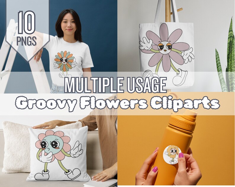 10 Printable Groovy Flowers Cliparts, Multiple Usage Digital ...