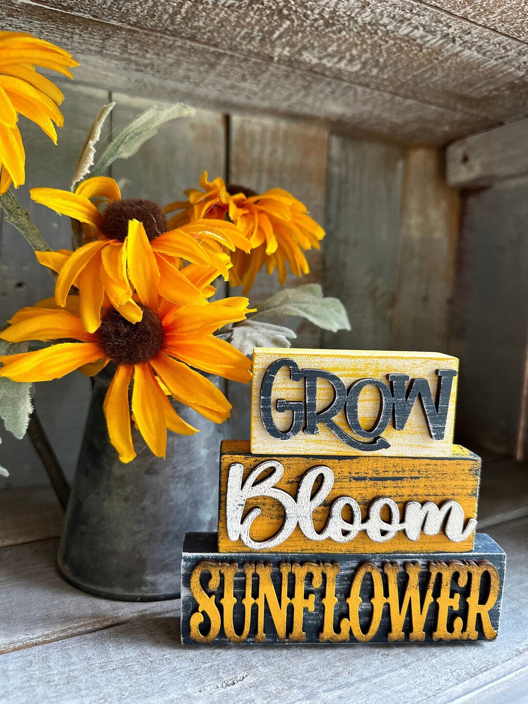 Sunflower Word Block Shelf Sitter, Sunflower Stacker Wood Sign, Wood ...