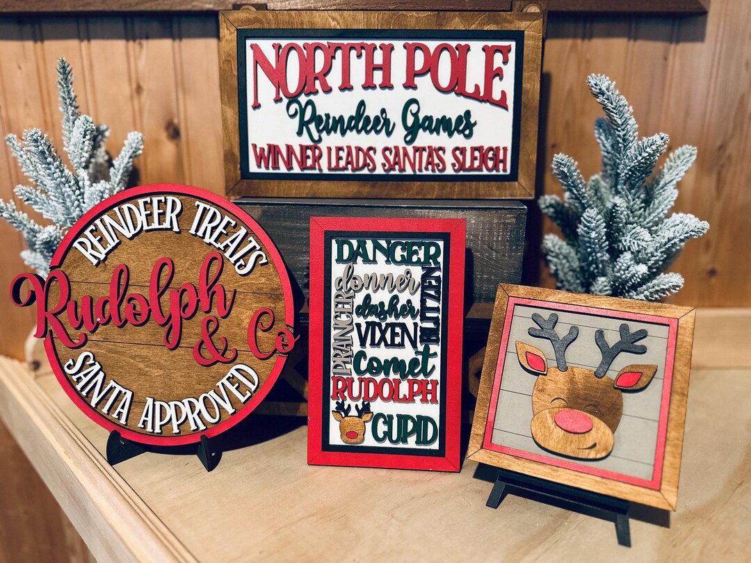 Leaning Reindeer Signs, North Pole Reindeer Games, Reindeer Names Sign ...