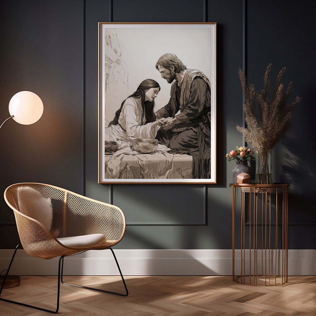 Jesus Heals the Bleeding Woman, Golden Beige, Digital Print, Woman With ...