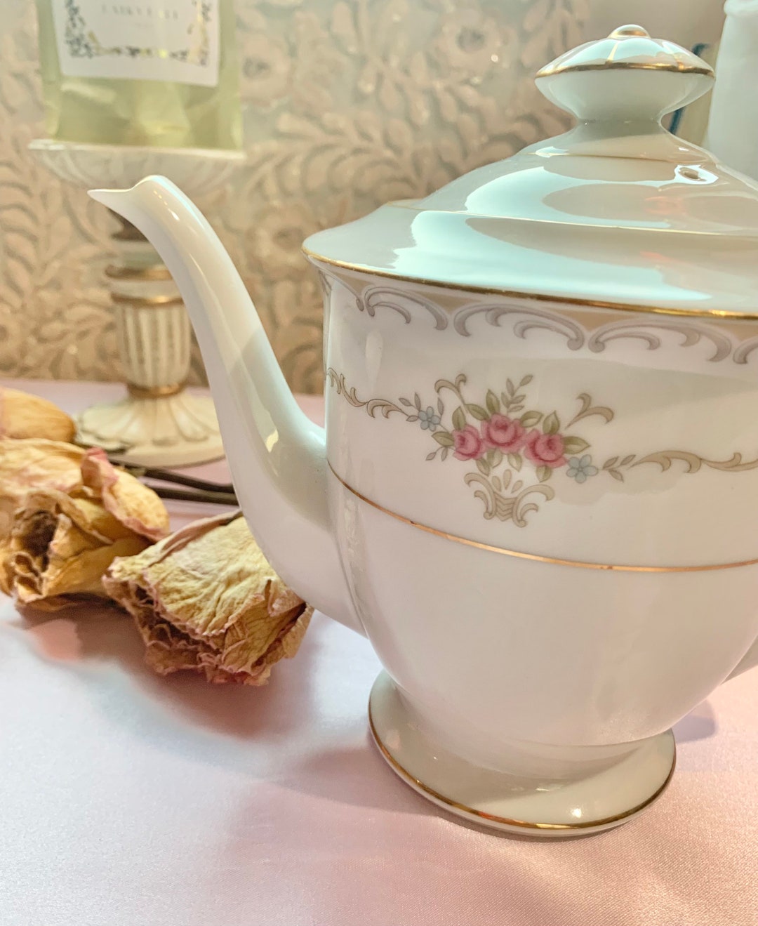 Vintage Princess Teapot With Pink Flowers Gray Scroll Pattern - Etsy