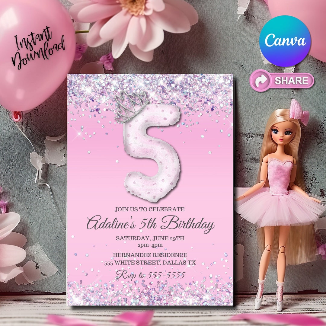 Pink Princess Birthday Invitation Pink Rainbow Party Invite Sparkle ...