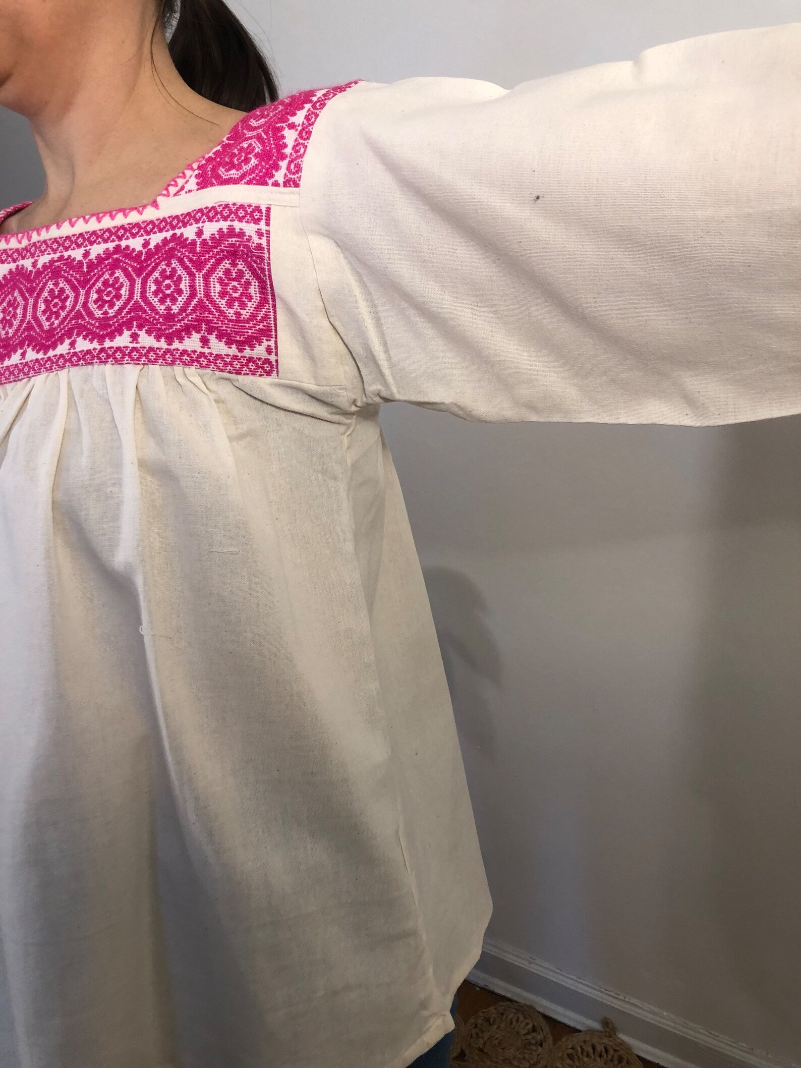 Mexican atla Blouse Size M Hand Woven Borders 100% Cotton Manta Floral ...