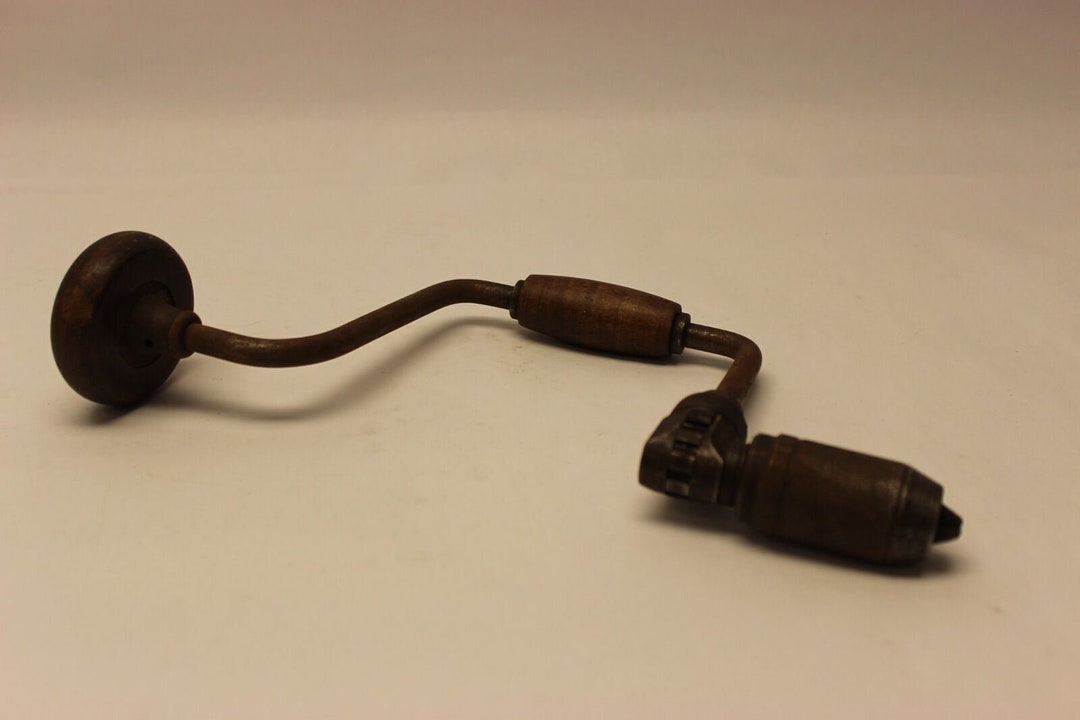 Vintage Hand Operated Rusty Drill Woodworking Tool With Hardwood Handle ...