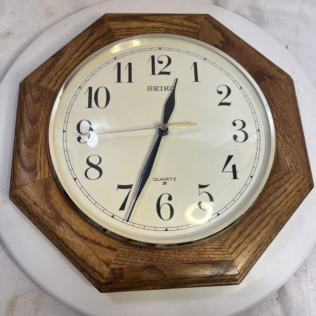 Clock Seiko Quartz QXA102BC Octagonal Solid Oak Wall 12'' Battery ...