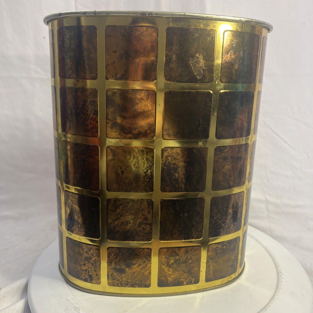 Vintage J.L. Clark MCM Metal Trash Can Waste Basket 13x11x7 Gold Copper ...