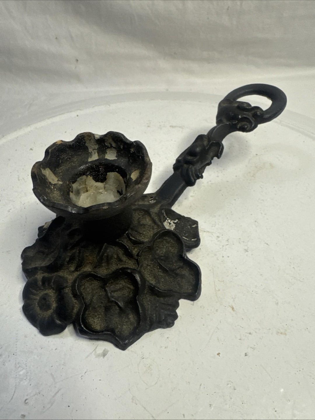 Vintage Rustic Cast Iron Candle Holder With Handle & Ornate Floral ...