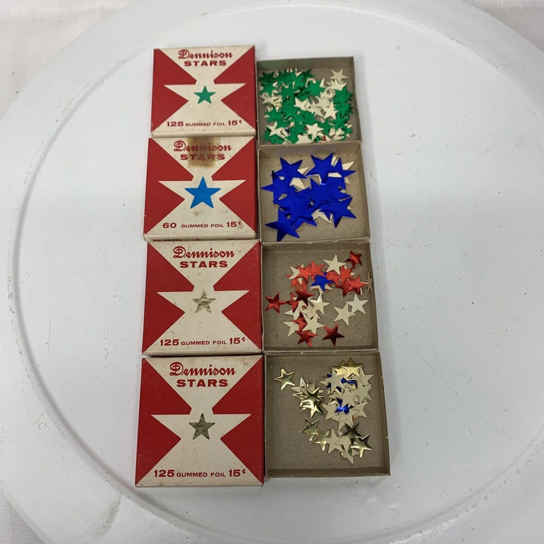 4 Boxes Vintage Dennison Gummed Foil Stars No. 2 Gold Red Blue & Green ...
