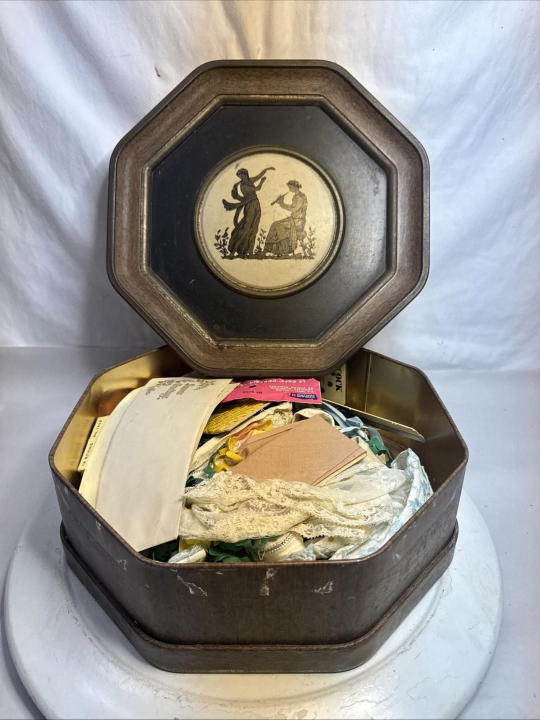 Antique Octagonal Can Box Greek Mythology Front and Back Mix Sewing Lot ...