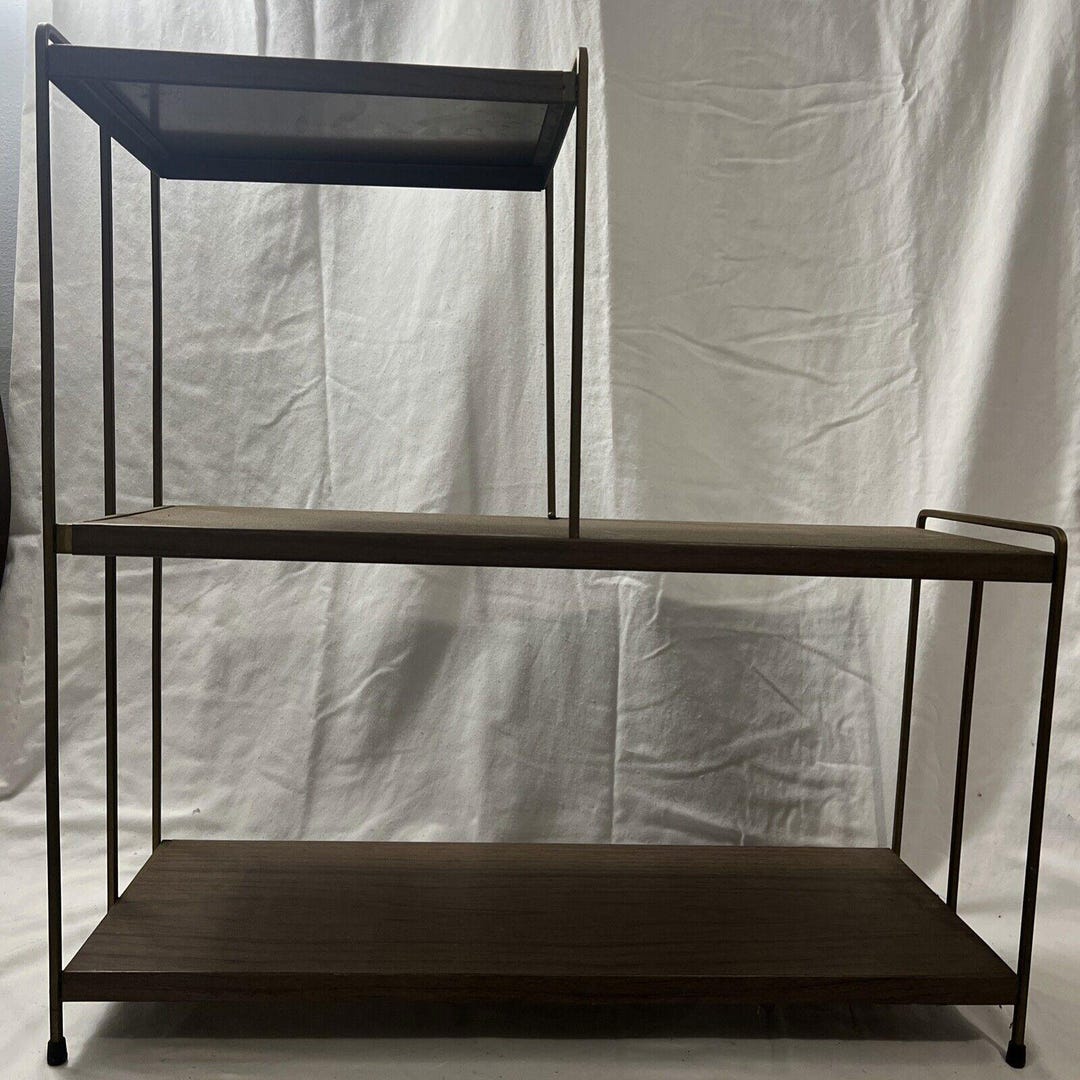MCM 3 Tier Book Shelf Vtg Shelving Brown Brass Gold Stand Small Metal ...