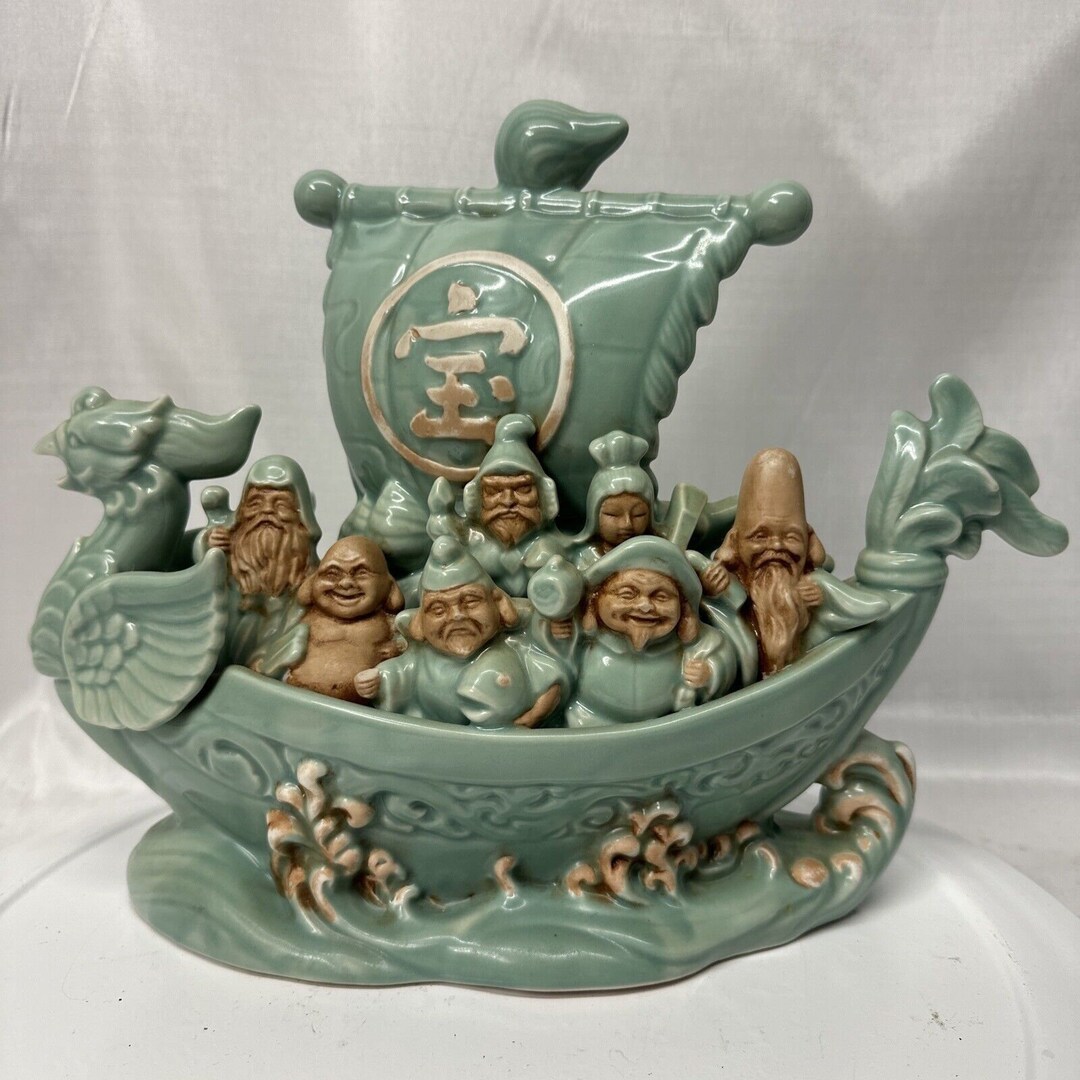 Seven Lucky Gods in Jade Green Boat Ceramic Kyoto-ware Vintage RARE - Etsy