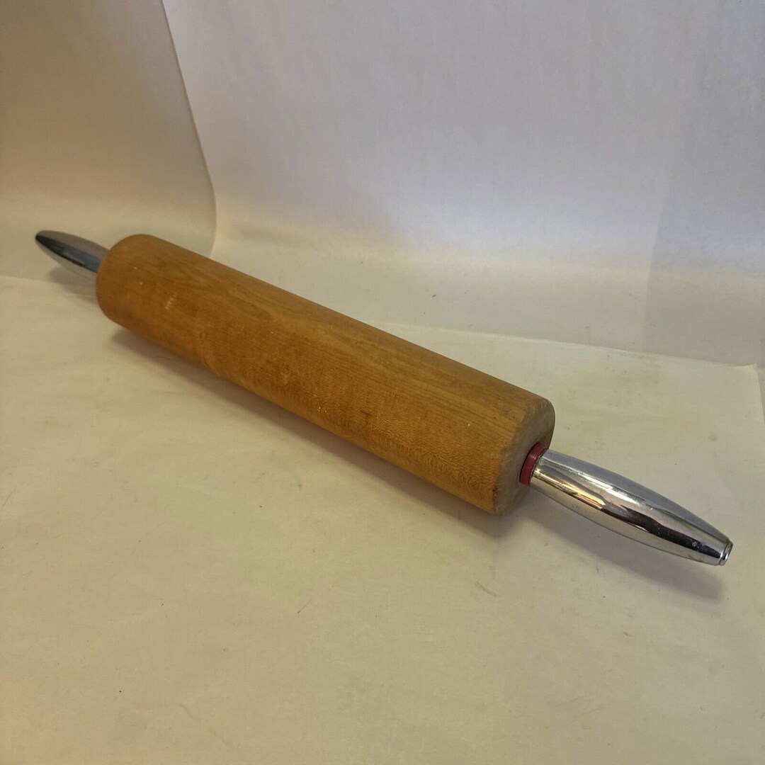 ANTIQUE Wooden Rolling Pin Chrome Handles Red Trim NICE - Etsy