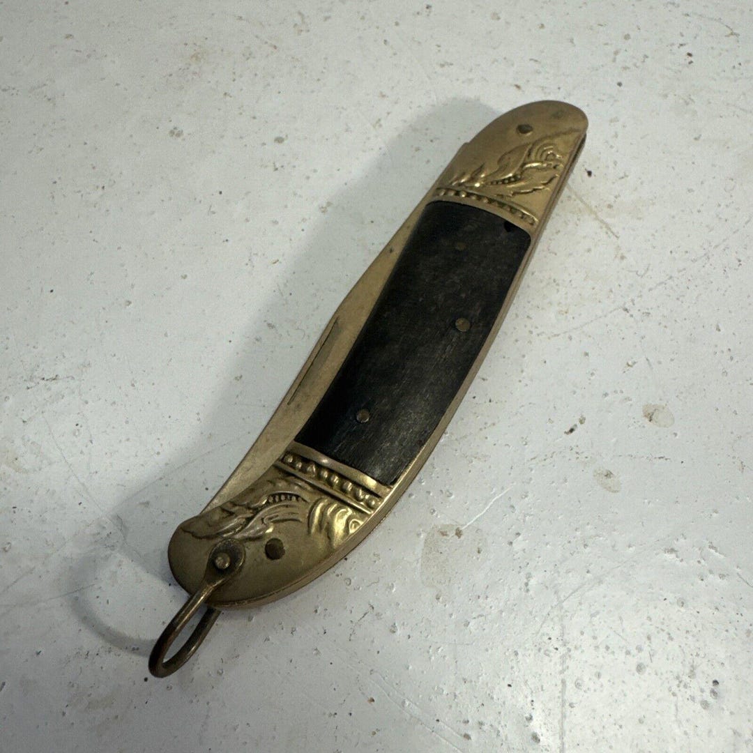 Thailand Carved Brass Wood Pocket Knife Single Blade Folding Vintage ...