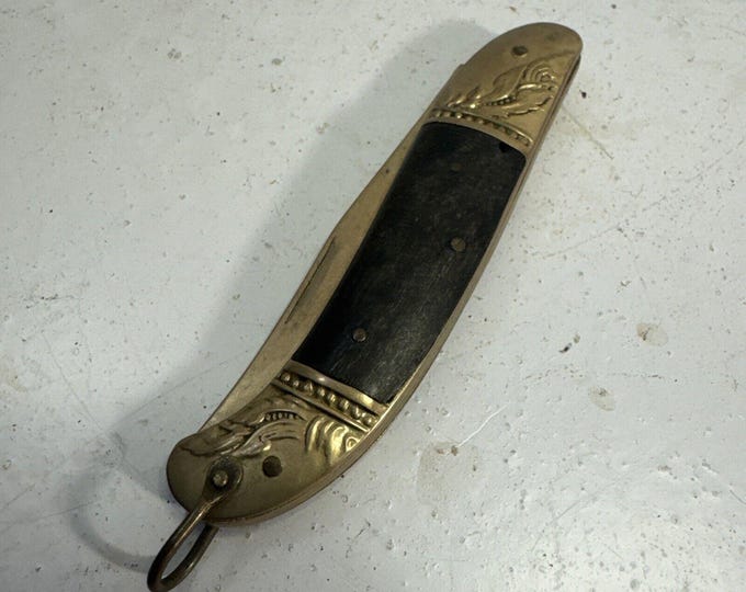 Thailand Carved Brass Wood Pocket Knife Single Blade Folding Vintage ...