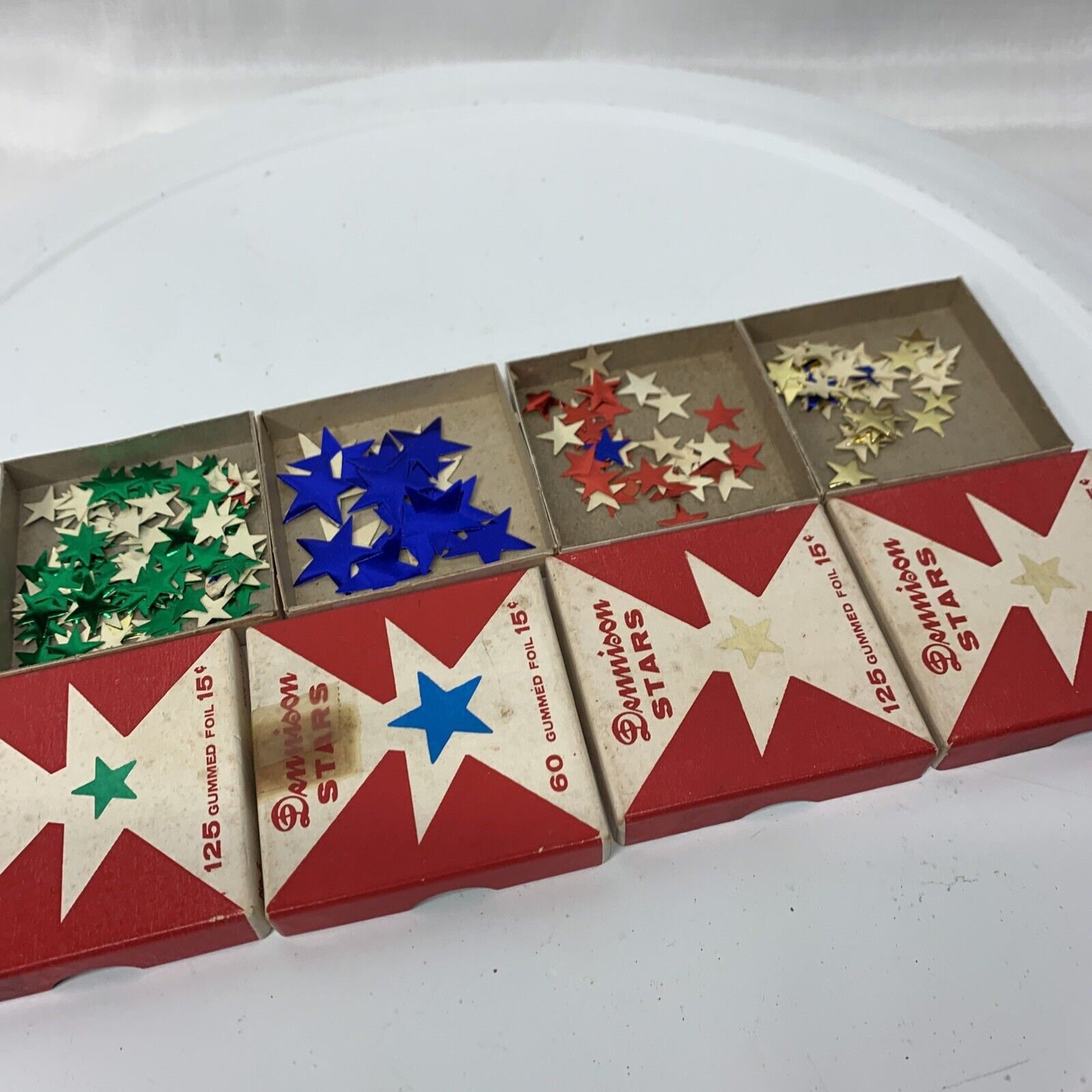4 Boxes Vintage Dennison Gummed Foil Stars No. 2 Gold Red Blue & Green ...