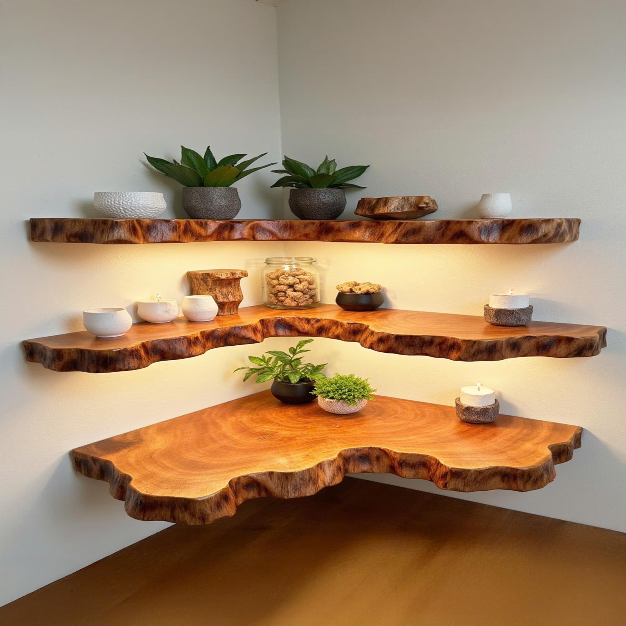 Live Edge Corner Floating Shelves Solid Wood Wall Shelf Corner Display ...