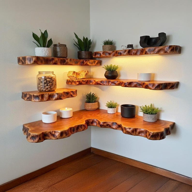 Live Edge Corner Floating Shelves Solid Wood Wall Shelf Corner Display ...