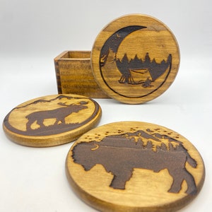 Four Engraved Nature Coasters and Holder Set - Nature Scenes ...