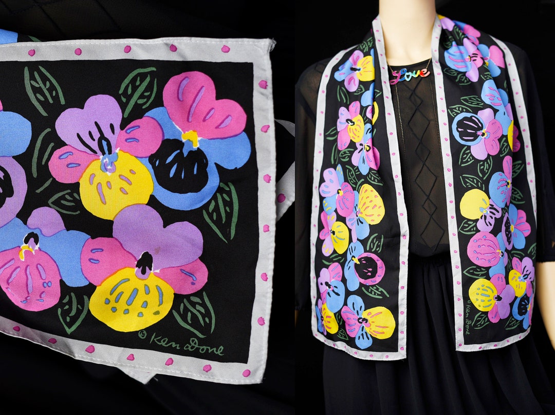 KEN DONE Vintage 80s PANSY Scarf | Bright Colourful Blue, Purple, Pink ...