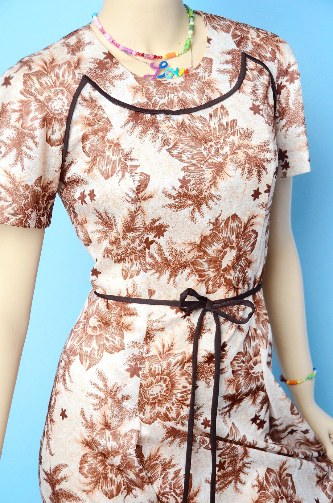 AUTUMN FLORAL Vintage 70s BOHO Dress | Original Belt | Cat Ears Piping ...