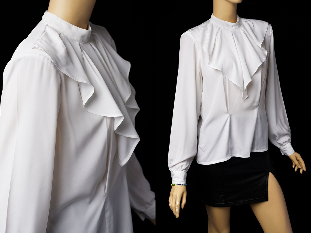 RUFFLE BIB Front Vintage 80s Creamy White PUFFY Shirt | Pearl Buttons ...