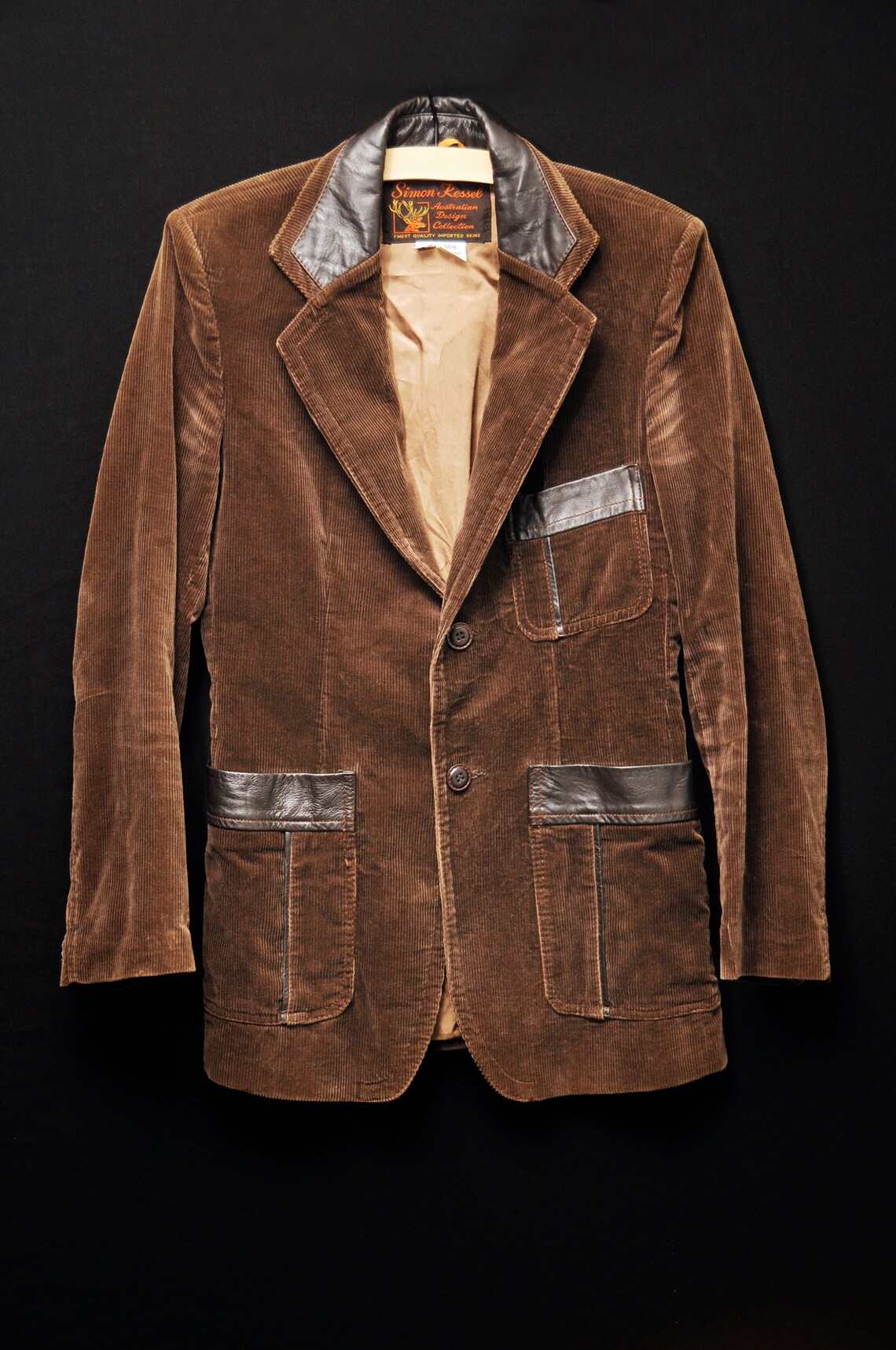 Vintage 70s Choc BROWN CORDUROY W LEATHER Trims Jacket Blazer Simon ...