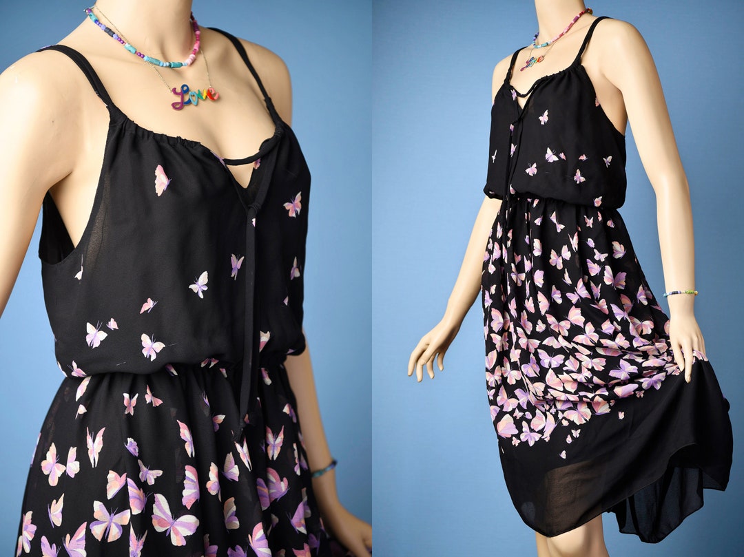 BUTTERFLY Print JULEE JONES Vintage 70s Boho Dress | Black Semi Sheer ...