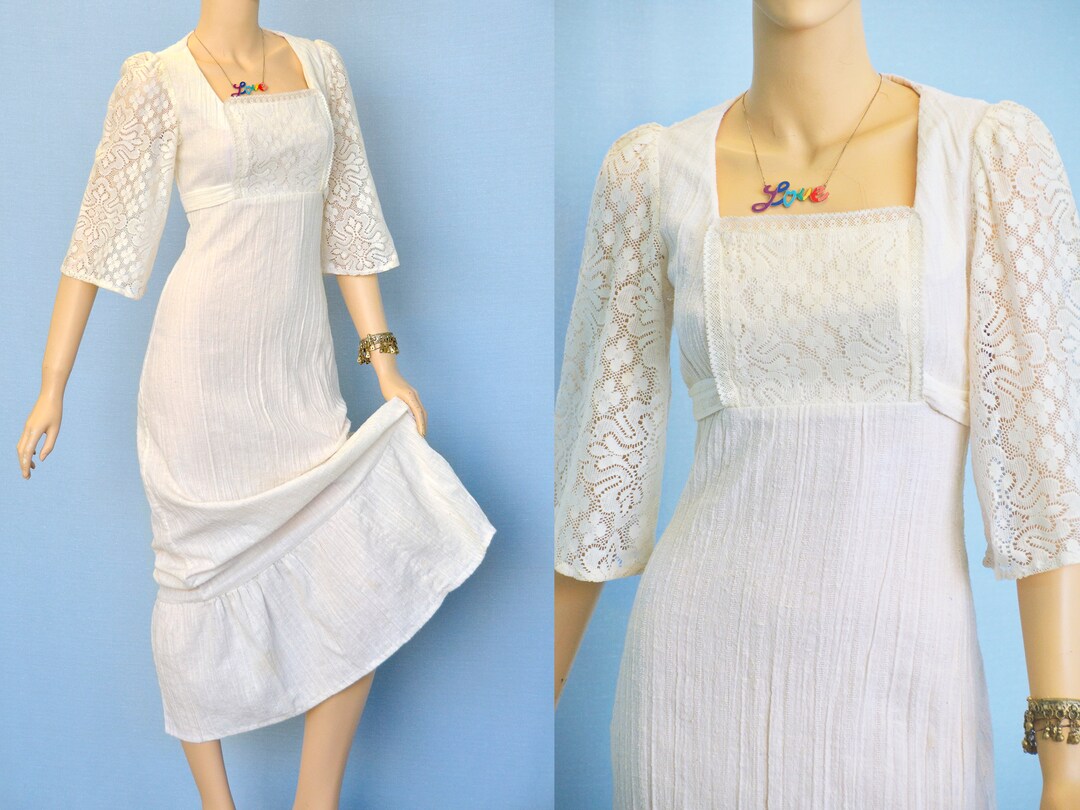 Vintage 70s COTTAGECORE Prairie LACE Maxi Dress Gunne Sax Style Creamy ...