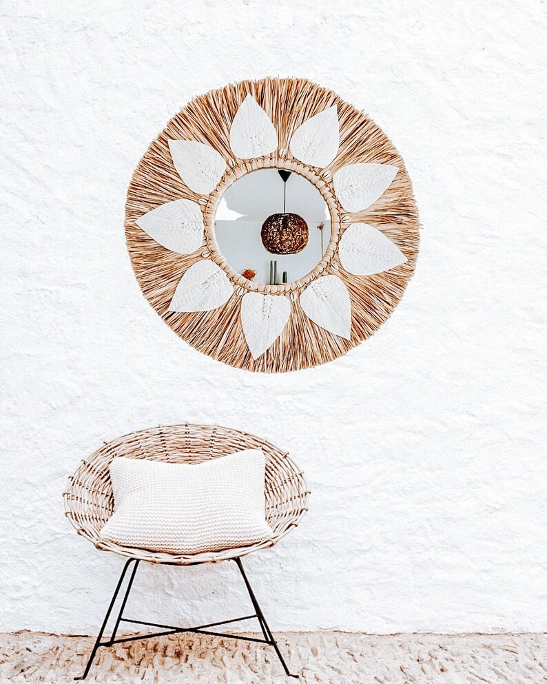 Large Round Leaf Mirror Macrame Boho Wall Decor Tropical Round - Etsy