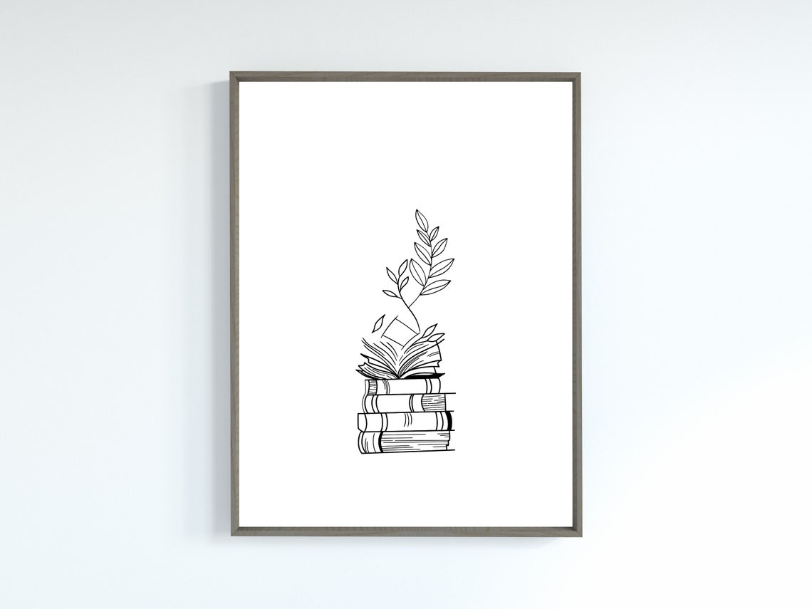 Stack of Books and Leaves Bookish Prints Digital Wall Art, Floral ...