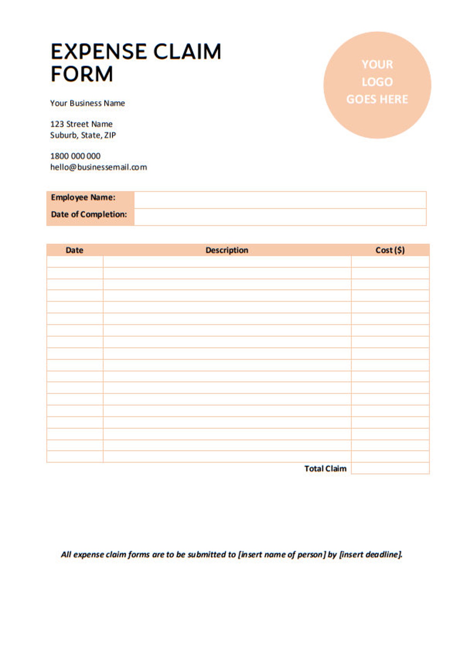 Business Expense Claim Form Template: Editable MS Word, 3 Colors - Etsy