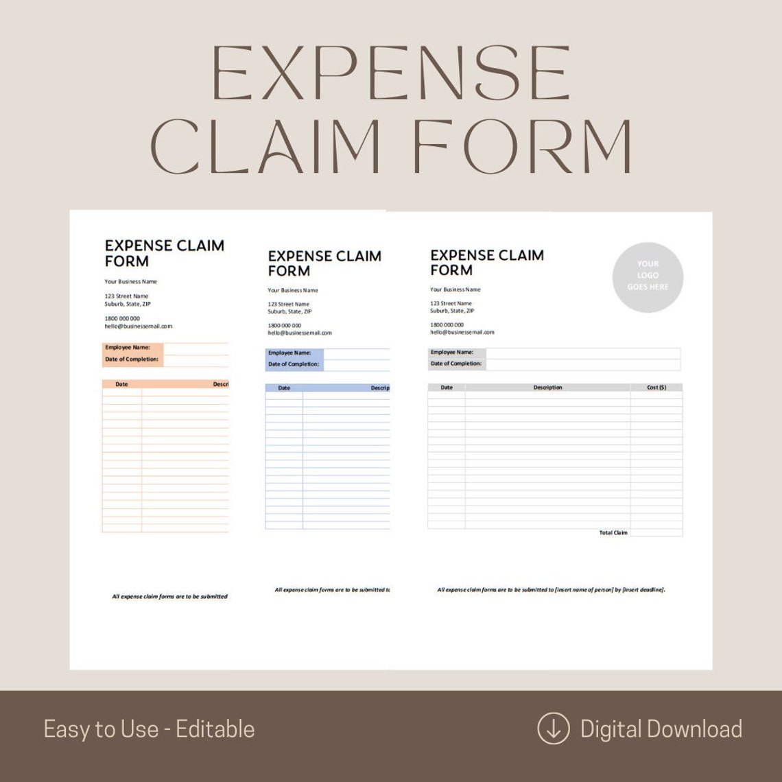 Business Expense Claim Form Template Editable in MS Word 3 Colours - Etsy