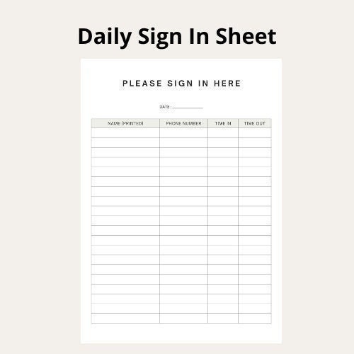 Blank Printable Daily Sign in Sheet Digital PDF Business Events Guest ...
