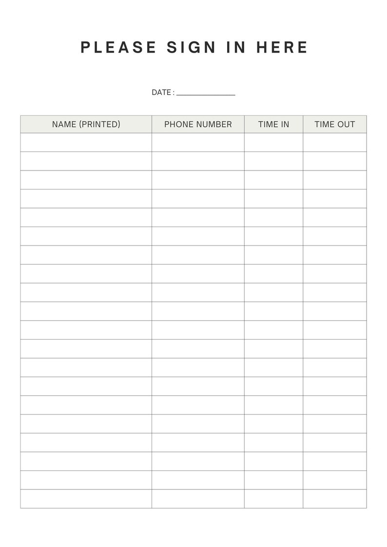 Blank Printable Daily Sign in Sheet Digital PDF Business Events Guest ...