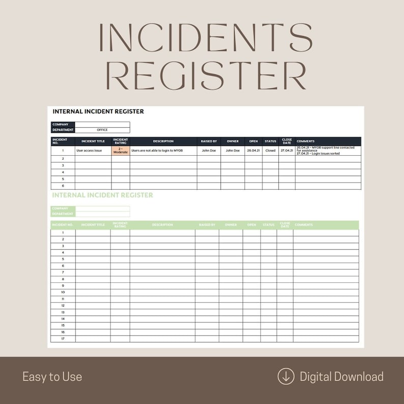 Comprehensive Internal Incidents Register Template | Editable Workplace ...