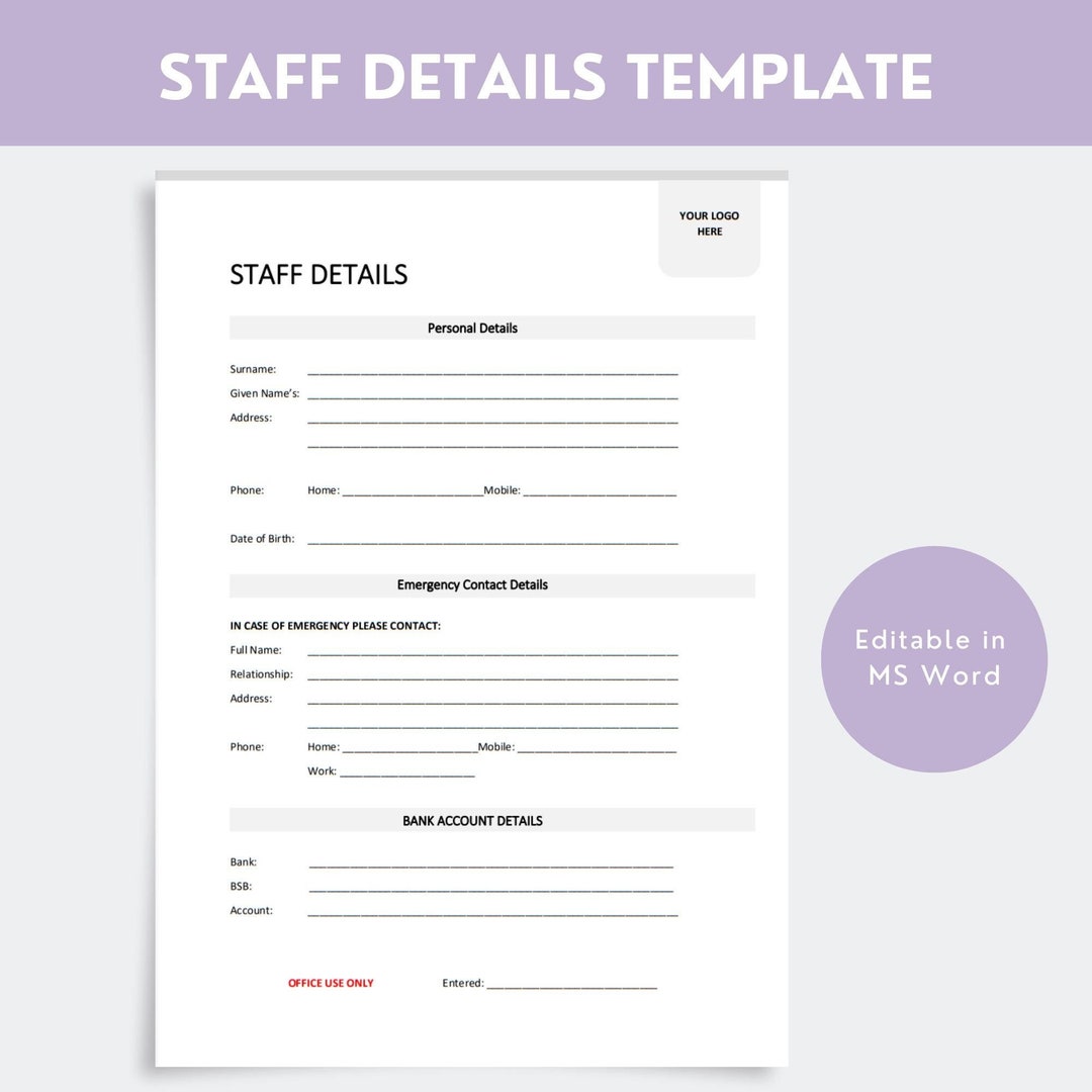 Staff Details Template | HR & Employee Information Sheet | Digital ...