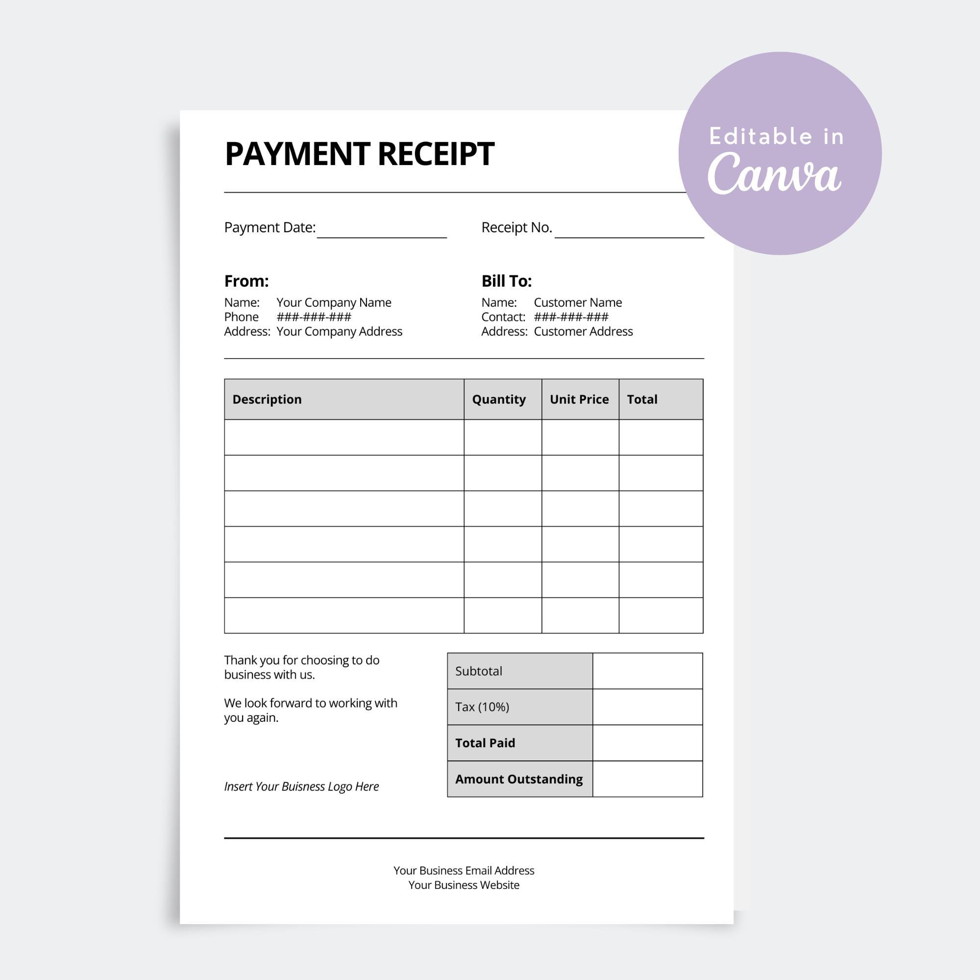 Editable Digital Payment Receipt Template - Professional - Etsy