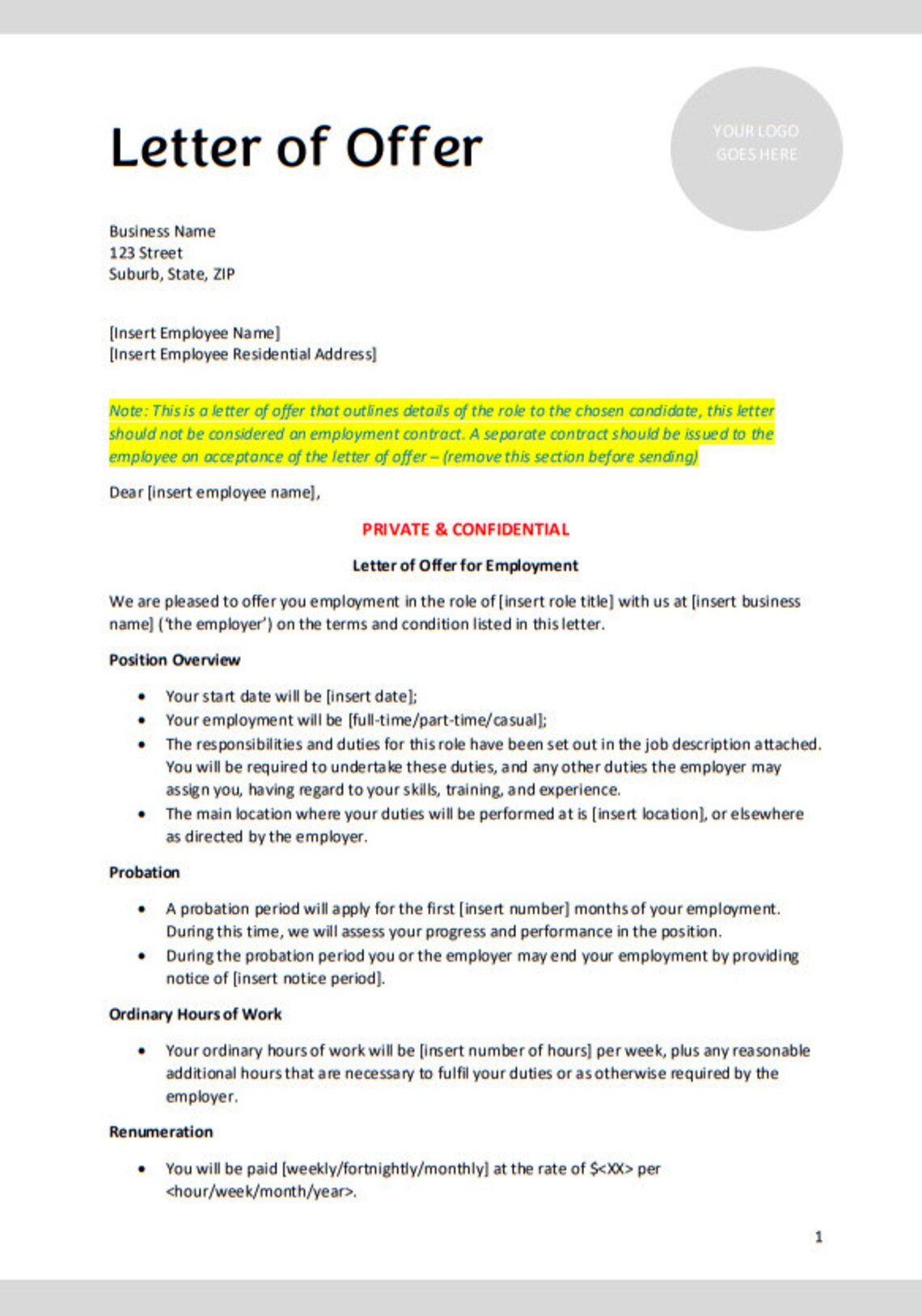 Employment Offer Letter Template | Professional | Editable MS Word ...