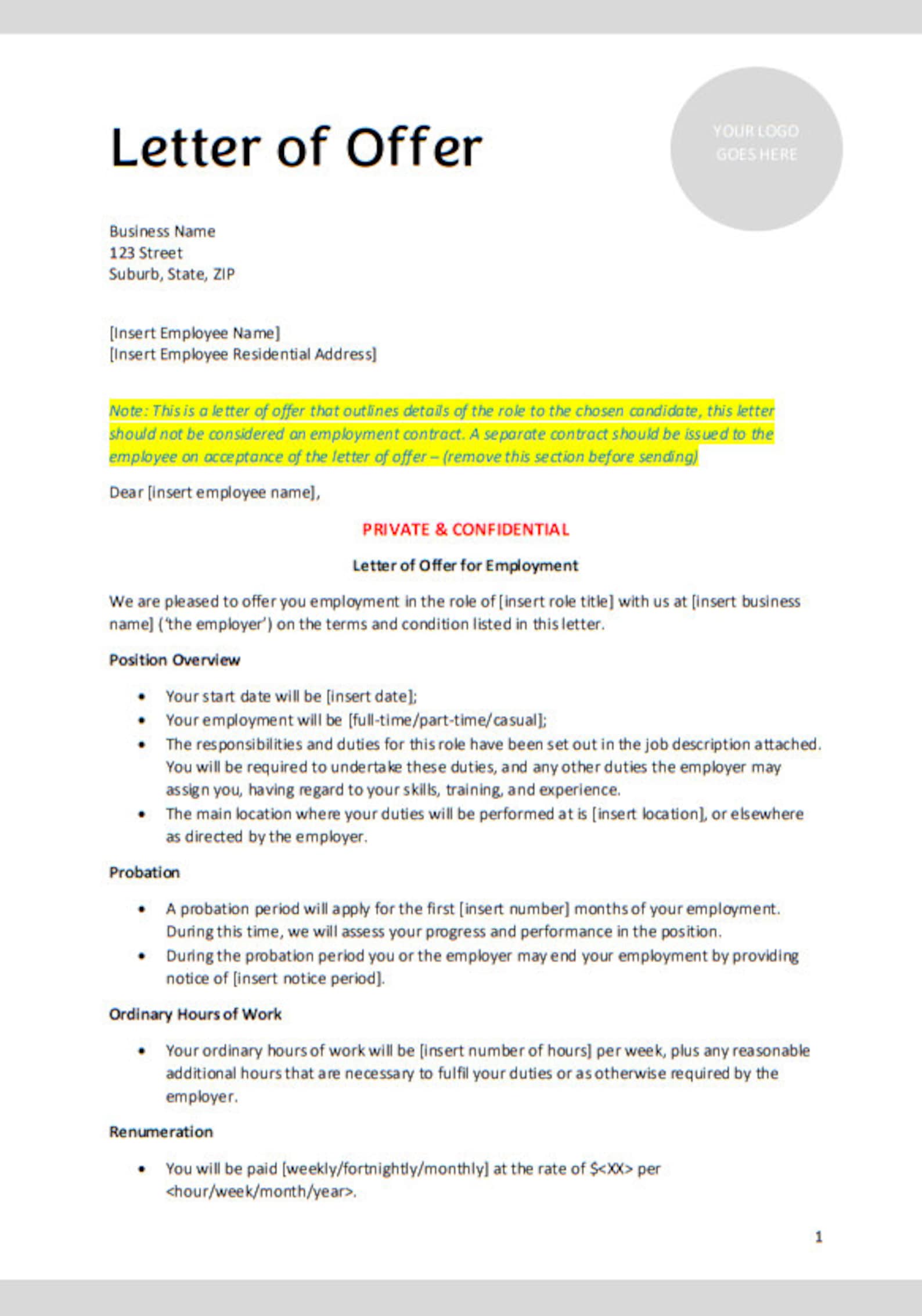 Letter of Employment Offer Template Editable in MS Word - Etsy Finland