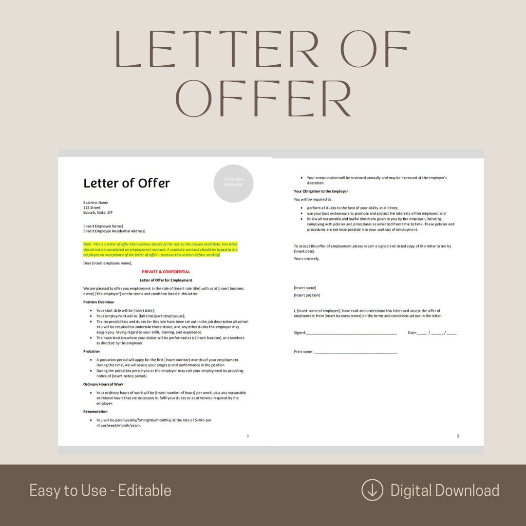 Letter of Employment Offer Template Editable in MS Word - Etsy