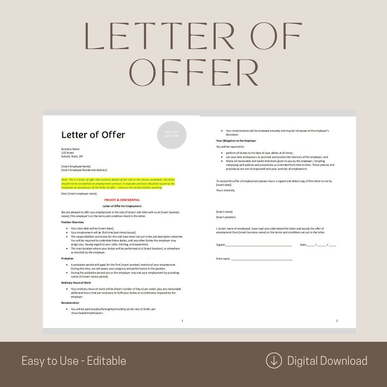 Employment Offer Letter Template | Professional | Editable MS Word ...