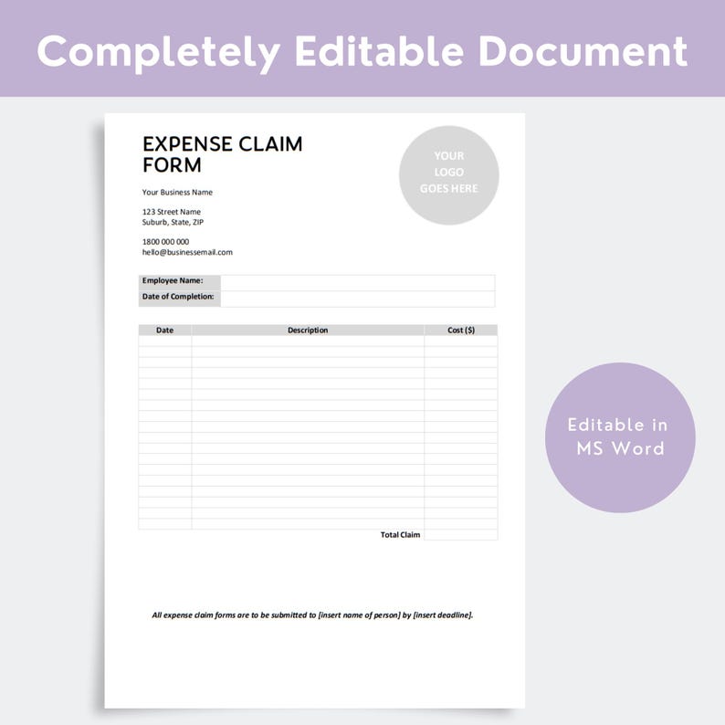 Business Expense Claim Form | Editable MS Word Template (3 Colors ...