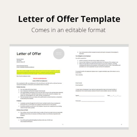 Letter of Employment Offer Template Editable in MS Word - Etsy Canada