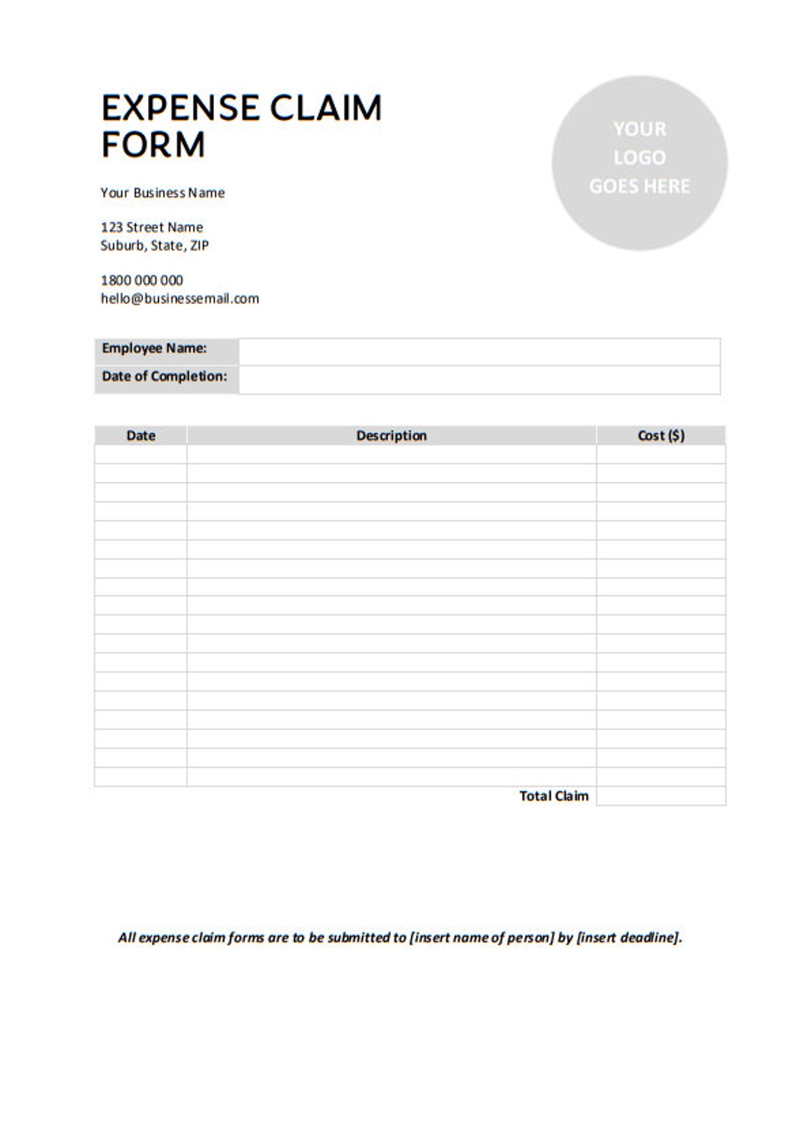 Business Expense Claim Form Template Editable in MS Word 3 Colours - Etsy