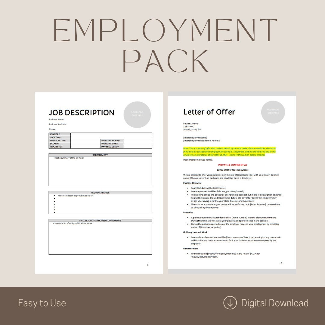 Employment Templates (2 Pack) - Includes Editable Job Description ...