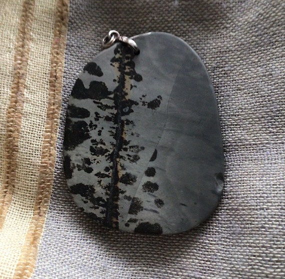 Large Oblong Natural Stone Pendant - Grey & Black, St… - Gem
