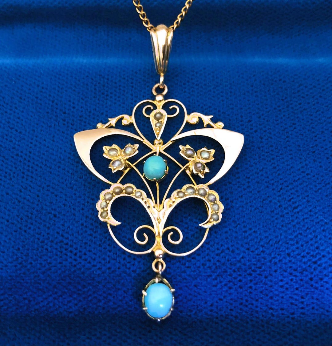9K/9CT English Victorian/edwardian/art Nouveau Turquoise & Seed Pearl ...